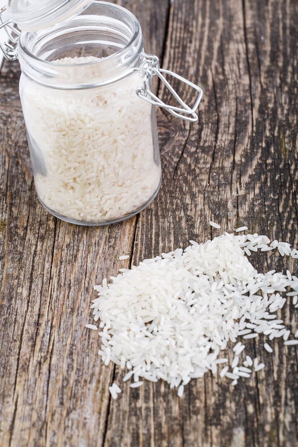 Rice in Glass Jar on Wooden Table. Stock Image - Image of nutrition ...