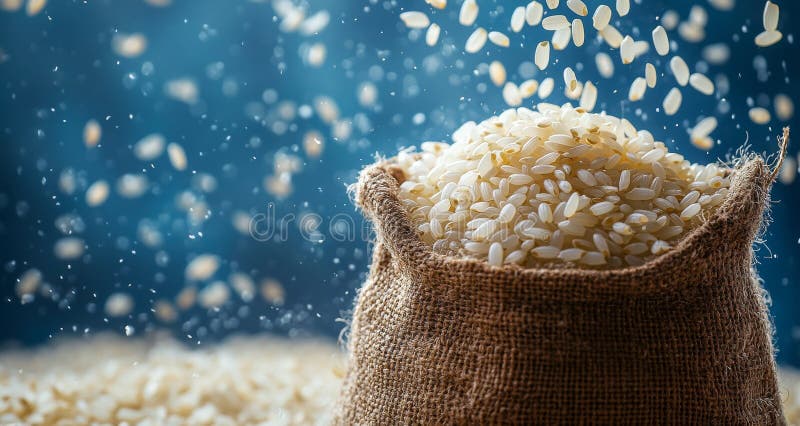 Rice Grains Falling from Burlap Sack, Creating a Dynamic and Textured ...