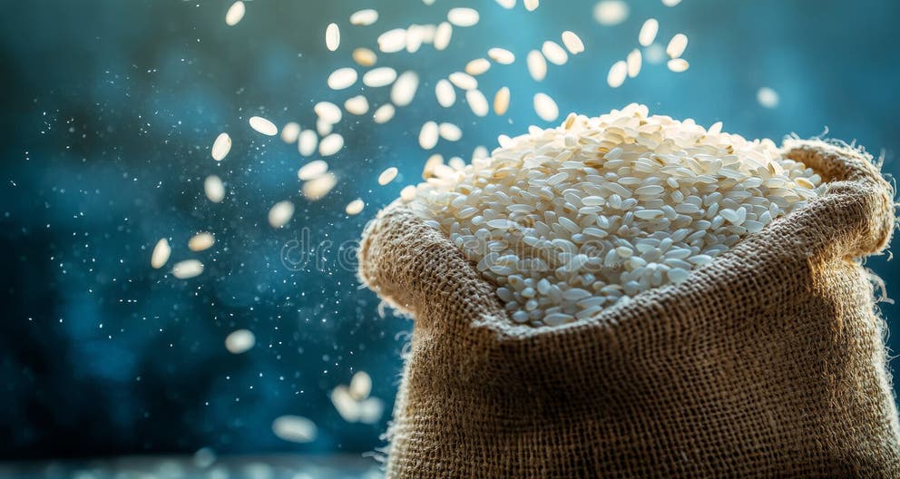 Rice Grains Falling from Burlap Sack, Creating a Dynamic and Textured ...