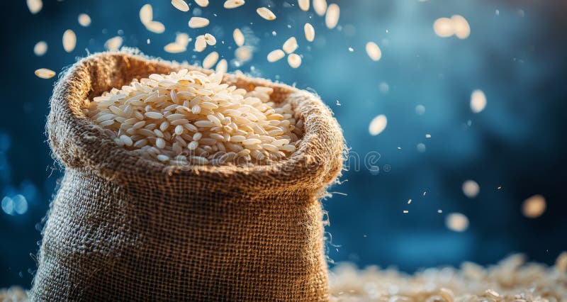 Rice Grains Falling from Burlap Sack, Creating a Dynamic and Textured ...