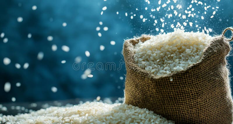 Rice Grains Falling from Burlap Sack, Creating a Dynamic and Textured ...