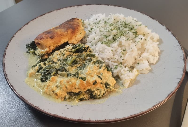 Rice with Gratinated Chicken with Spinach Stock Image - Image of curry ...