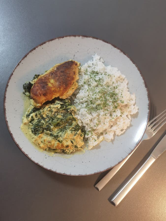 Rice with Gratinated Chicken with Spinach Stock Image - Image of plant ...