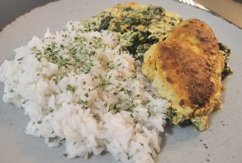 Rice with Gratinated Chicken and Spinach Stock Image - Image of meat ...