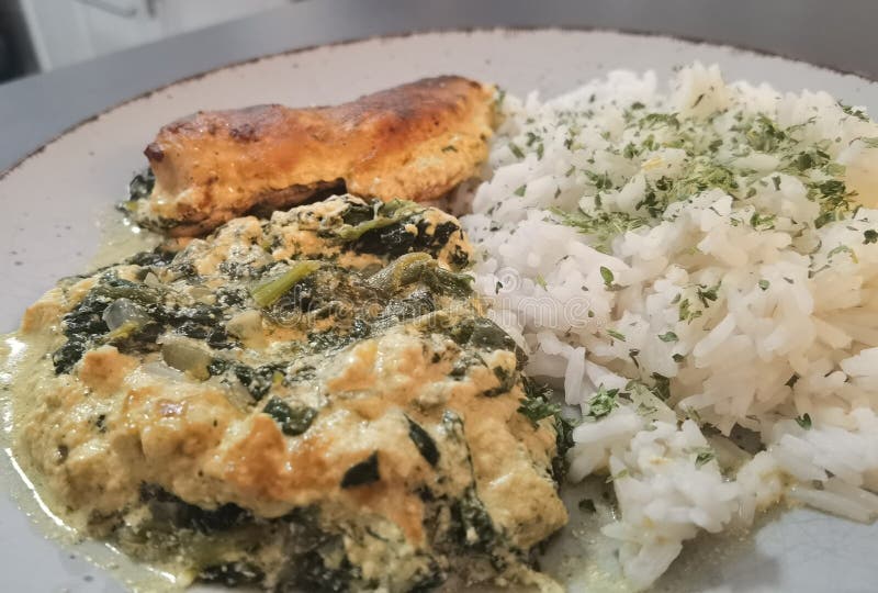 Rice with Gratinated Chicken with Spinach Stock Image - Image of ...