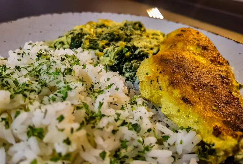 Rice with Gratinated Chicken and Spinach Stock Image - Image of snack ...