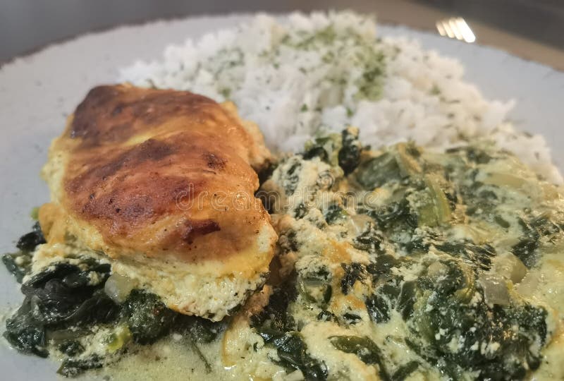 Rice with Gratinated Chicken with Spinach Stock Image - Image of ...