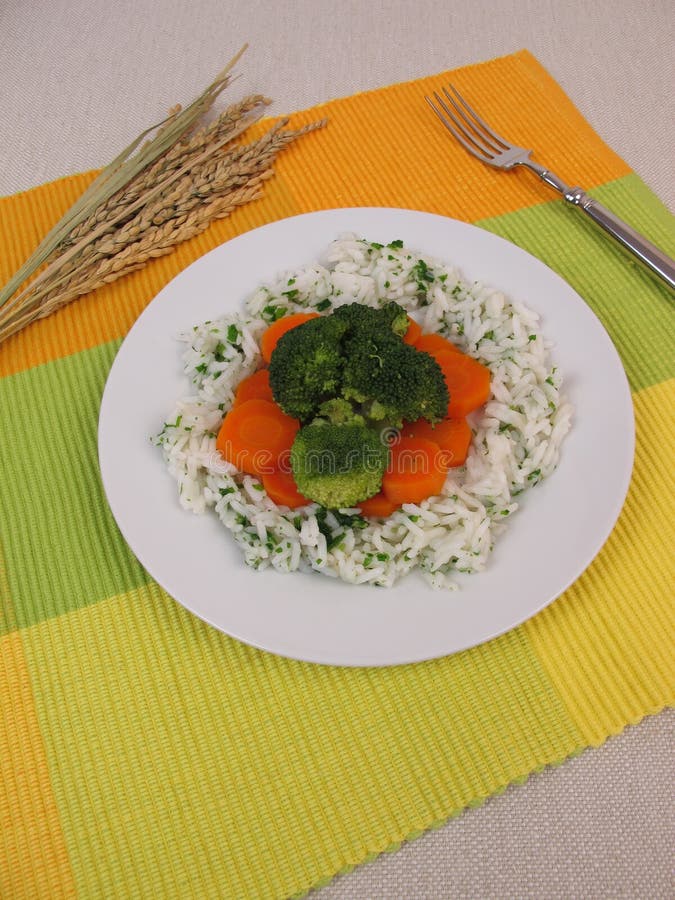 Rice and Herbs with Carrots and Broccoli Stock Image - Image of rice ...