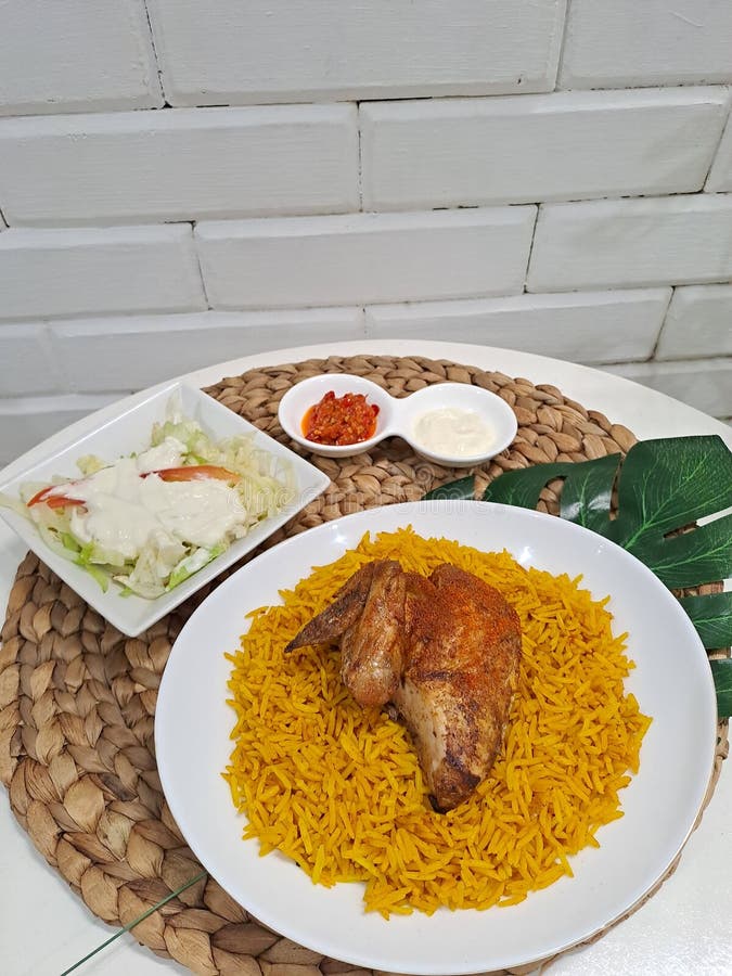 Rice Mandi with Chicken, Salad, Sambal Stock Photo - Image of sambal ...