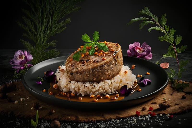 Rice with Meat on a Black Plate on a Dark Background. Stock ...