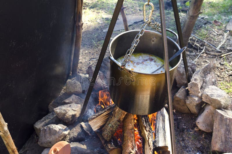 Rice with Meat on a Campfire Stock Photo - Image of camping, fireplace ...