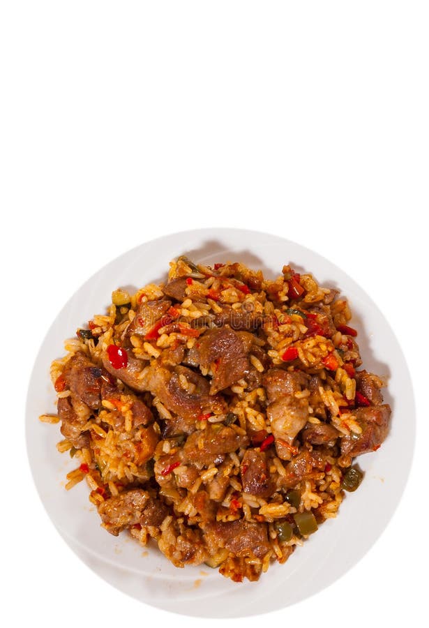 Rice with Meat and Vegetables on Plate. Top View Stock Image - Image of ...