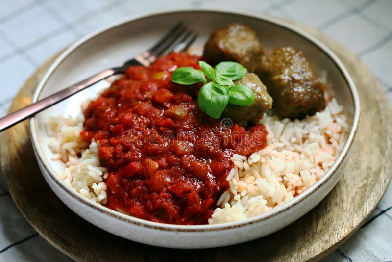 Rice with Meatballs and Tomato Sauce Stock Image - Image of minced ...