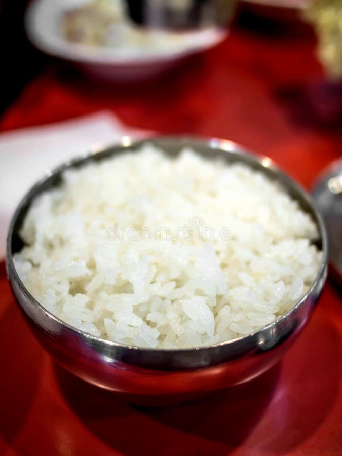 Rice in the Metal Bowl on the Red Table Korean Style Stock Image ...