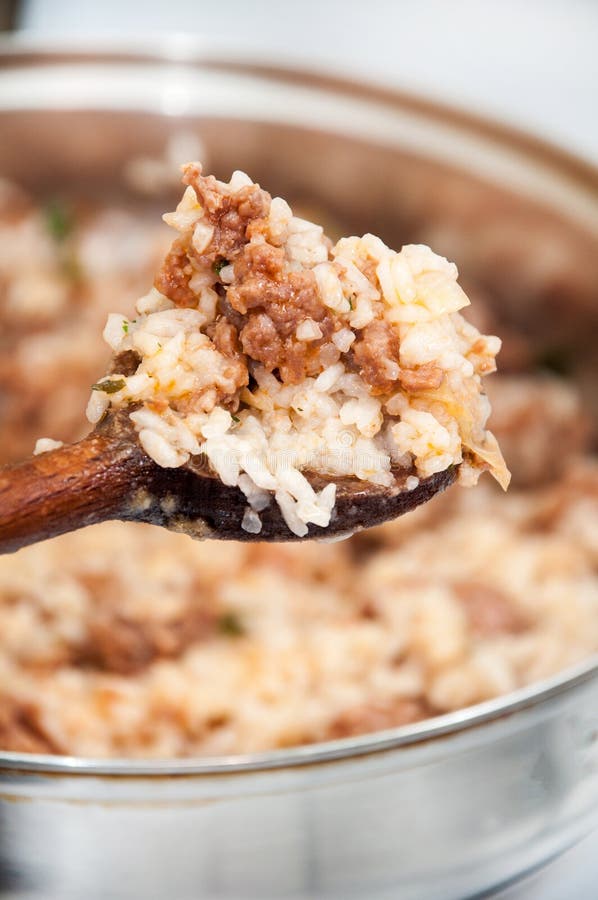 Rice with Minced Meat on the Wooden Scoop in Focus Stock Photo - Image ...
