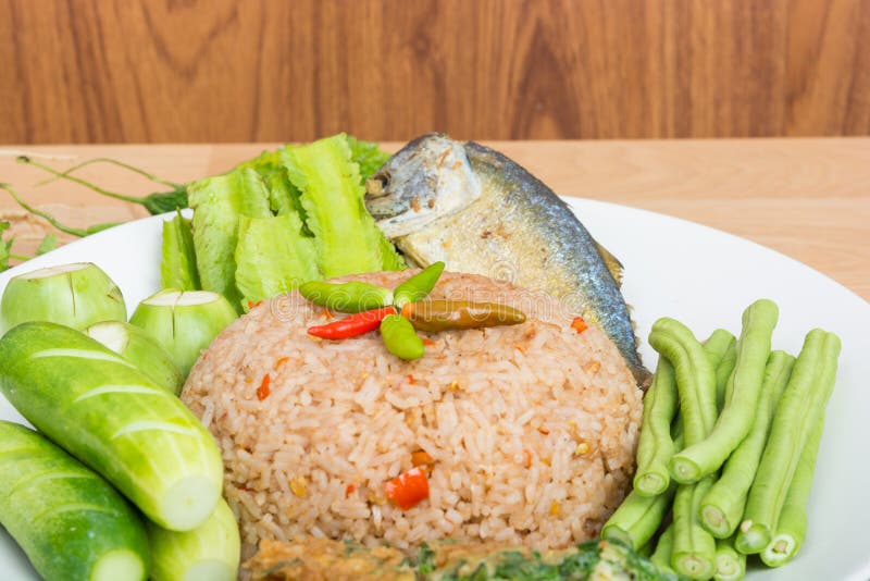 Rice Mixed with Shrimp Paste Fried Mackerel Stock Image - Image of ...
