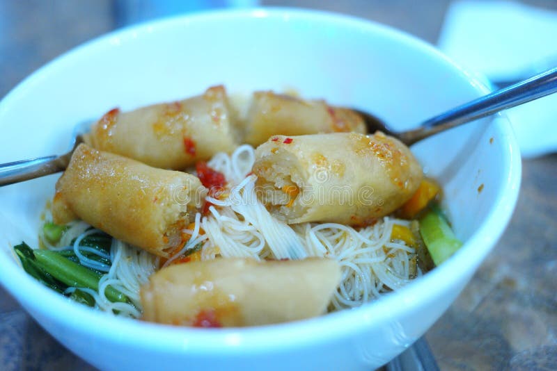 Rice Noodle Soup with Spring Rolls Stock Photo - Image of vegetables ...
