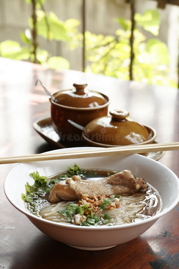 Rice Noodle Soup with Stewed Chicken and Chinese Herbs Stock Image ...