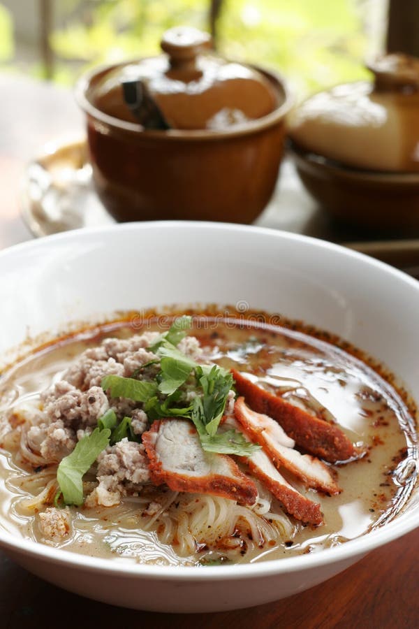 Rice Noodle Soup with Stewed Chicken and Chinese Herbs Stock Photo ...