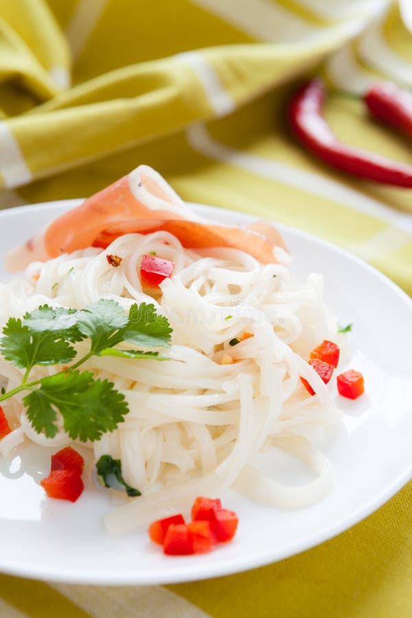 Rice Noodles with Chilli and Bacon Stock Photo - Image of japanese ...