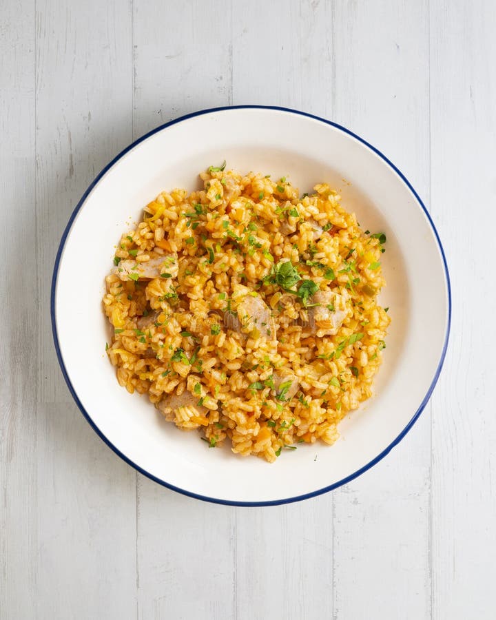 Rice Paella with Fresh Tuna. Top View Table Stock Photo - Image of tuna ...