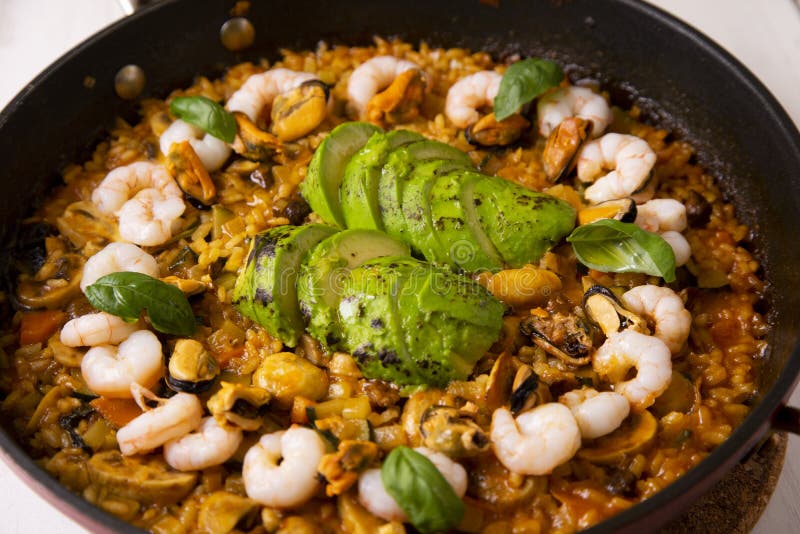 Rice Paella with Rabbit, Sausages and Green Beans Stock Image - Image ...