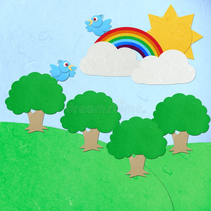 Rice Paper Cut Green Field and Trees Stock Illustration - Illustration ...