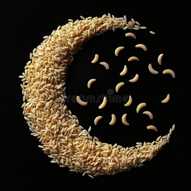 Rice and Pasta Crescent Moon on Black Background Stock Illustration ...