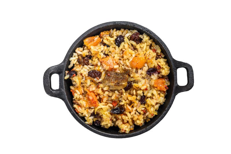 Rice Pilaf with Lamb Meat and Vegetables in a Pan. Isolated on White ...