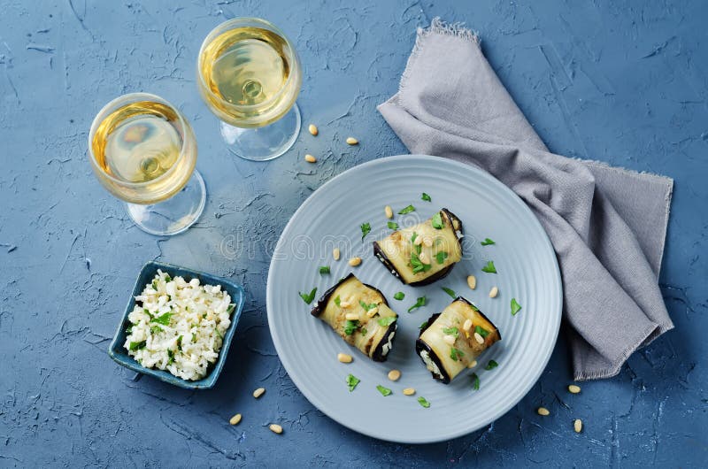 Rice Pine Nuts Cilantro Goat Cheese Stuffed Eggplant Rolls Stock Image ...
