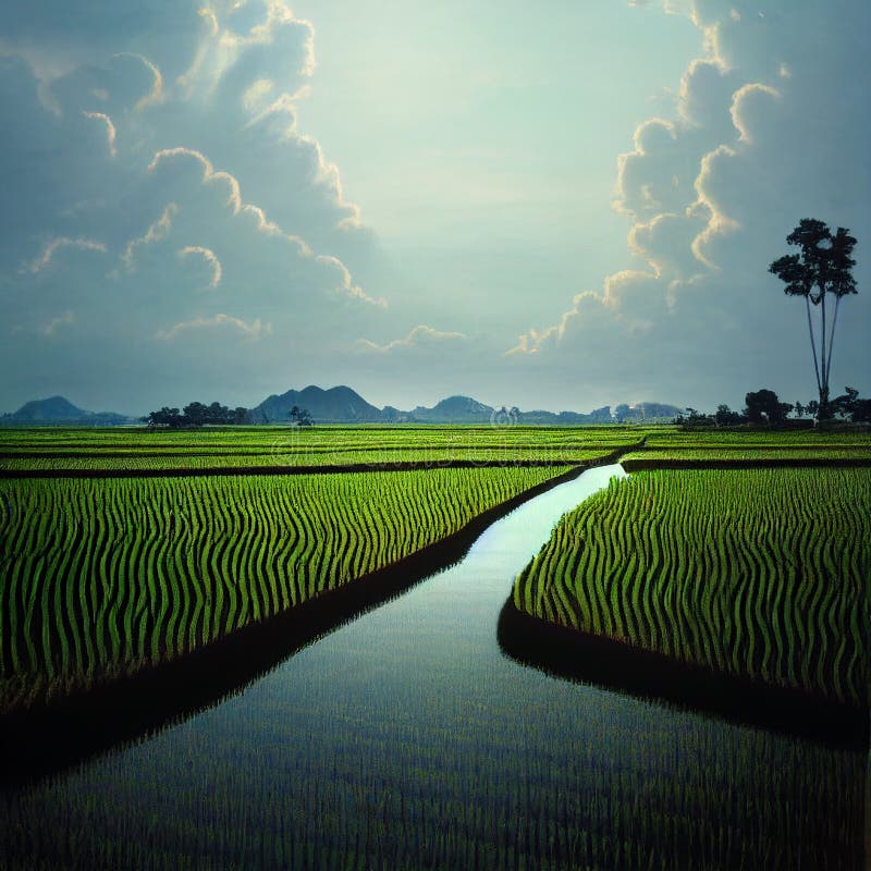 Rice Plantation in Asia. Extensive Rice Fields Stock Illustration ...