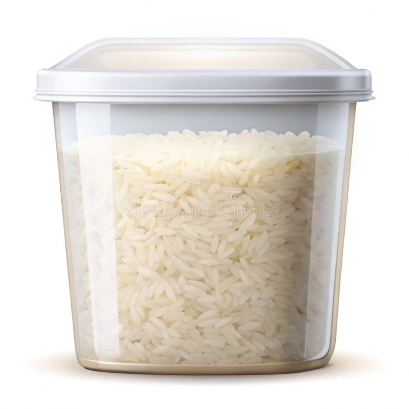 Rice in a Plastic Container Isolated on White Background Stock ...