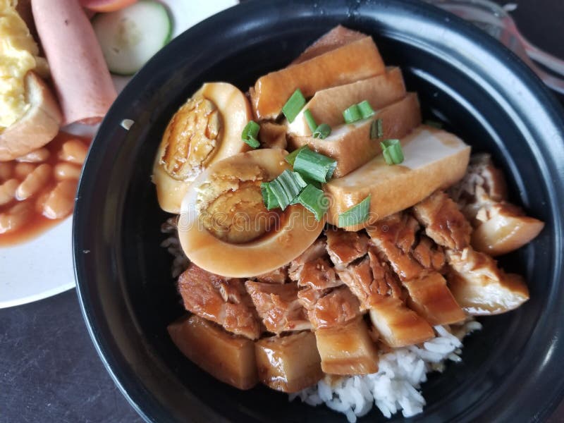 Rice pork egg stock image. Image of restaurant, vegetable - 250799815