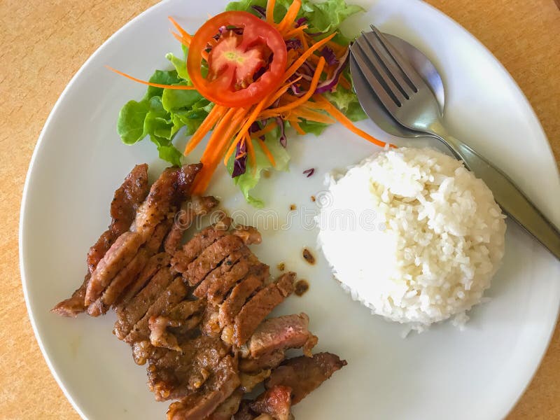 Rice and Pork Steck with Vegetable Stock Photo - Image of homemade ...