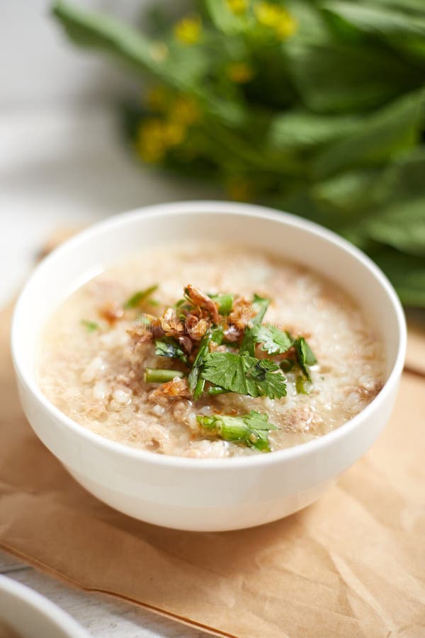 Rice Porridge with Minced Pork Stock Photo - Image of broth, spoon ...