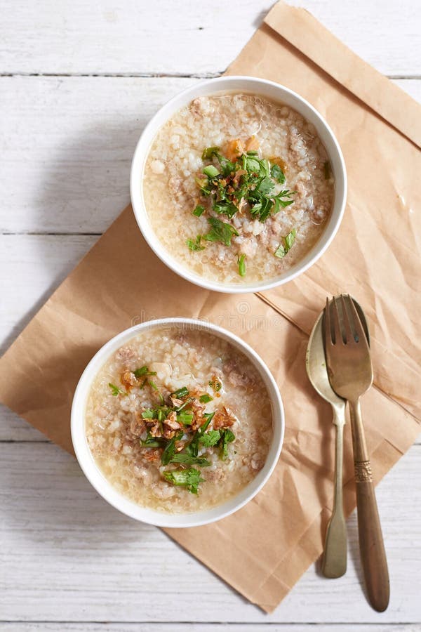 Rice Porridge with Minced Pork Stock Image - Image of restaurant ...