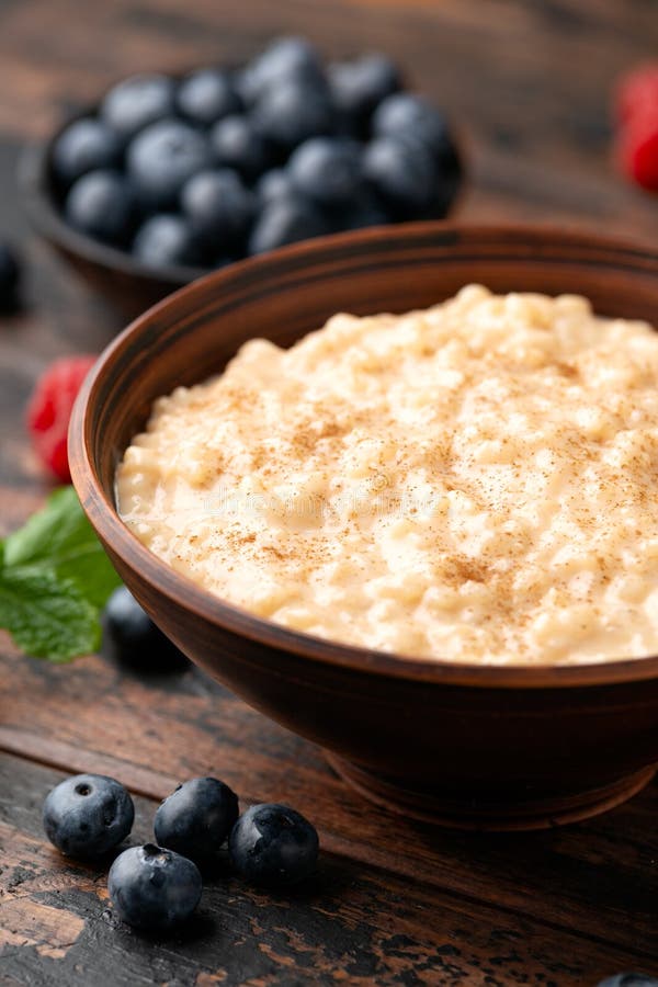 Rice Pudding with Cinnamon and Blueberry, Raspberry in Rustic Bowl ...