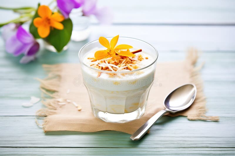 Rice Pudding Drink with Coconut Shavings, Tropical Feel Stock Photo ...