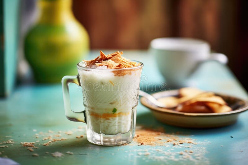 Rice Pudding Drink in a Cup with Rice Spilled Nearby, Focus on Texture ...