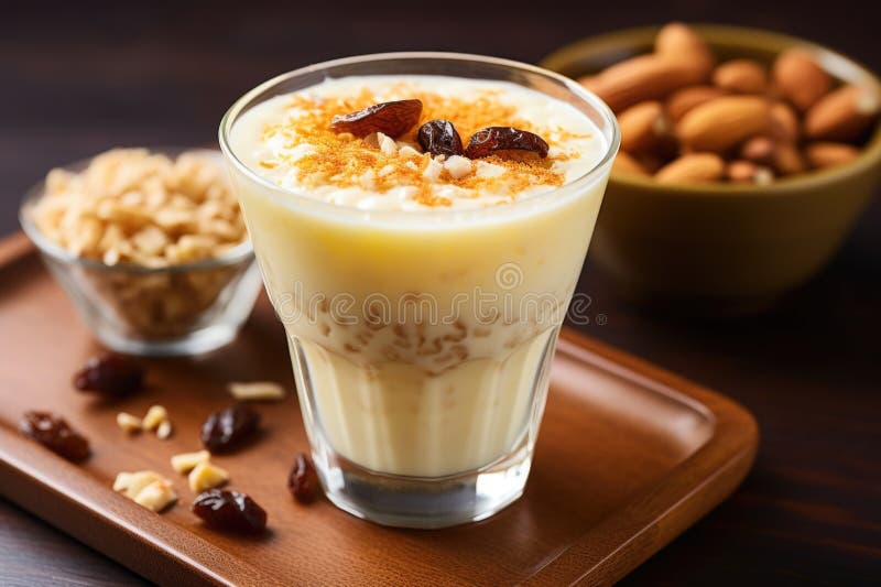 Rice Pudding Drink in a Square Glass Alongside Toasted Nuts Stock ...