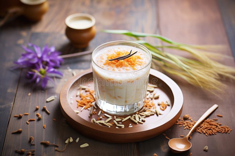 Rice Pudding Drink Surrounded by Raw Rice Grains and Milk Stock Image ...