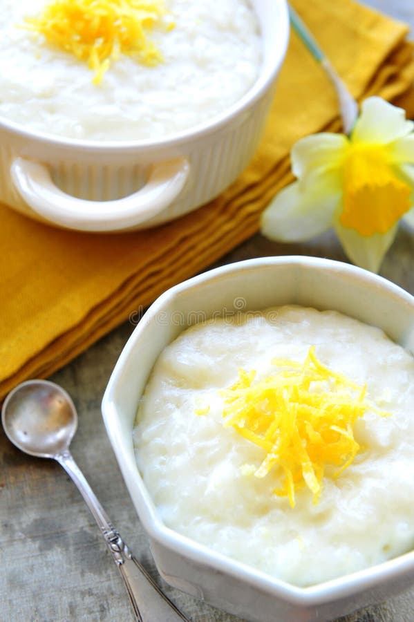 Rice Pudding with Lemon Zest Stock Photo - Image of linen, healthy ...