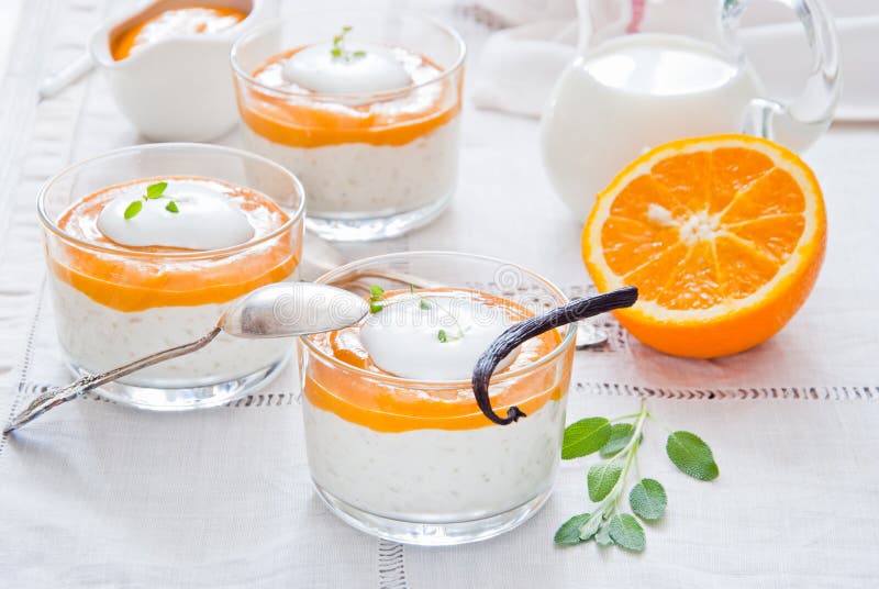 Rice Pudding with Orange Custard Stock Photo - Image of porridge, milk ...