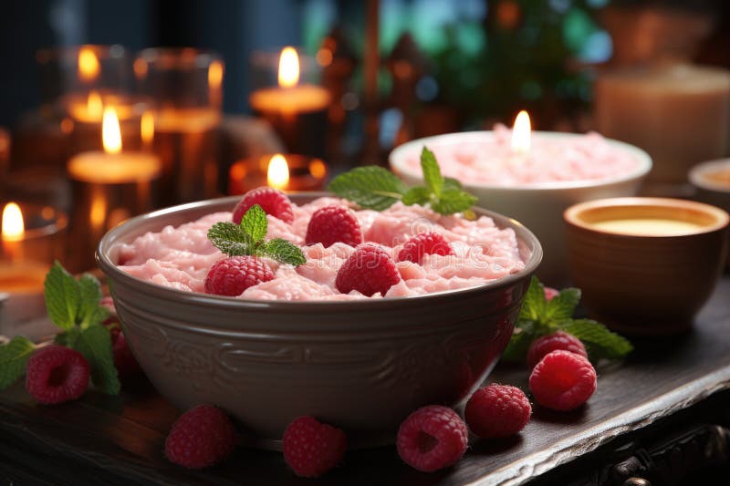 Rice Pudding in a Pink Bowl with Raspberries on the Marble Stock ...