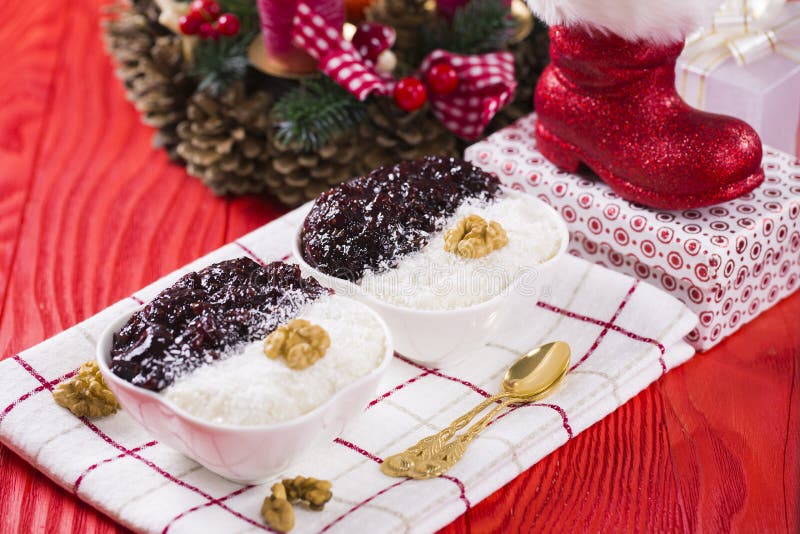 Rice Pudding and Strawberry Jam with Nuts Stock Photo - Image of color ...