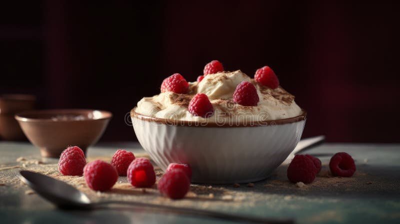Rice Pudding Tiramisu Bowl with Raspberry and Whipped Cream Stock ...