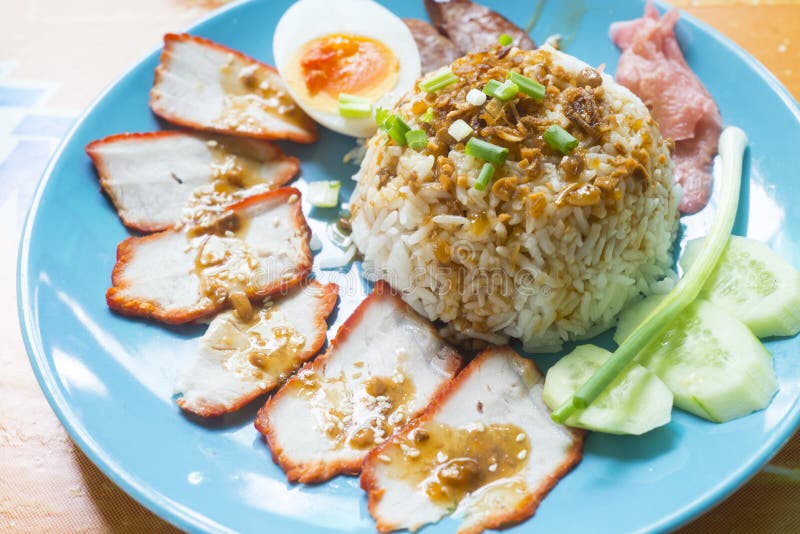 Rice with Roasted Red Pork with Egg and Cucumber Khao Moo Daeng Stock ...