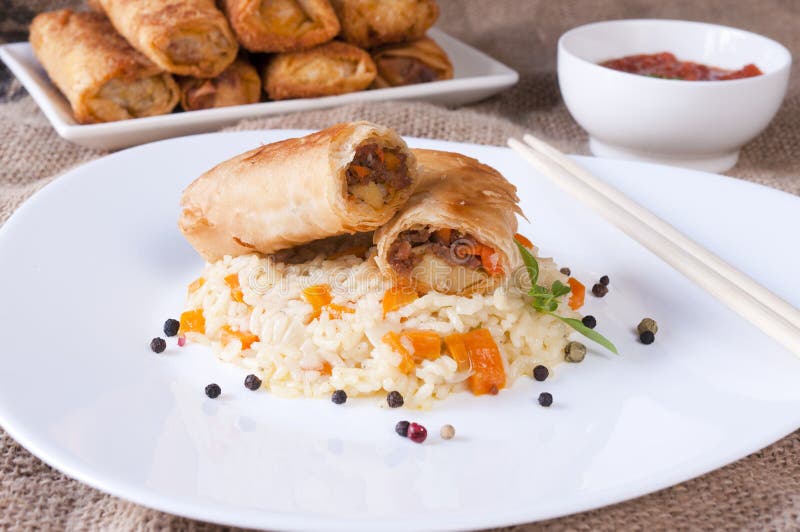 Rice and rolls stock image. Image of eggroll, snack, bamboo - 32643861