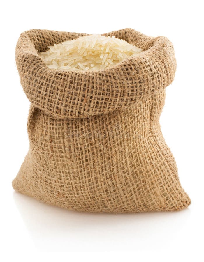 Rice in sack bag on white stock image. Image of full - 44729863
