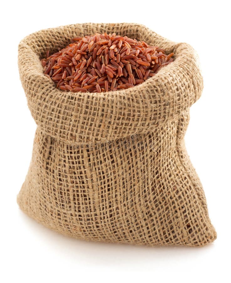 Rice in sack bag on white stock image. Image of full - 44729863
